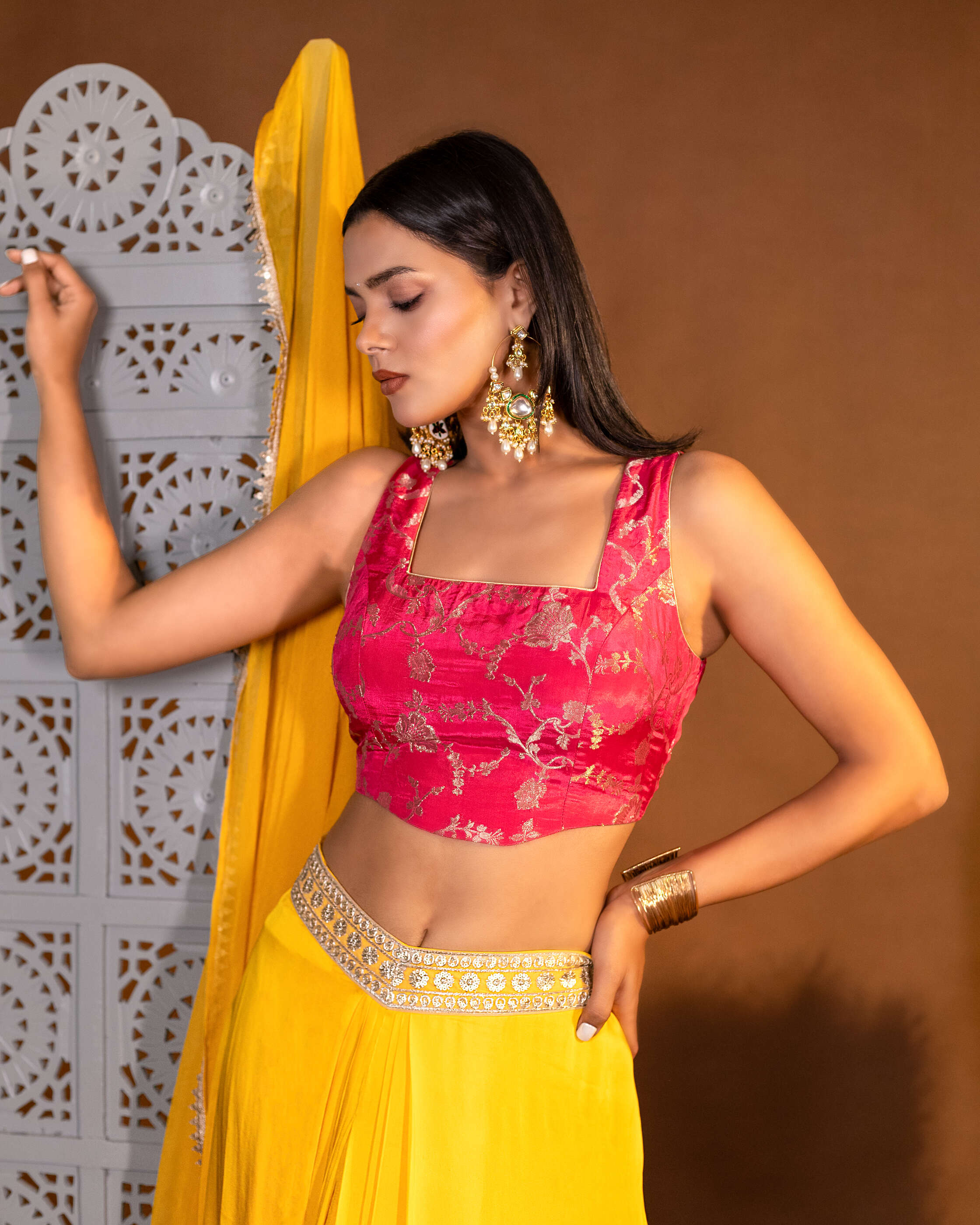 Elegant Drape Skirt and brocade Blouse With Dupatta - The Behruz Theory